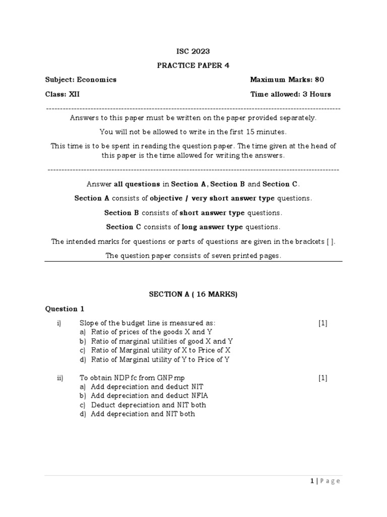 ISC Economics Practice Paper 2023 | PDF | Gross Domestic Product ...