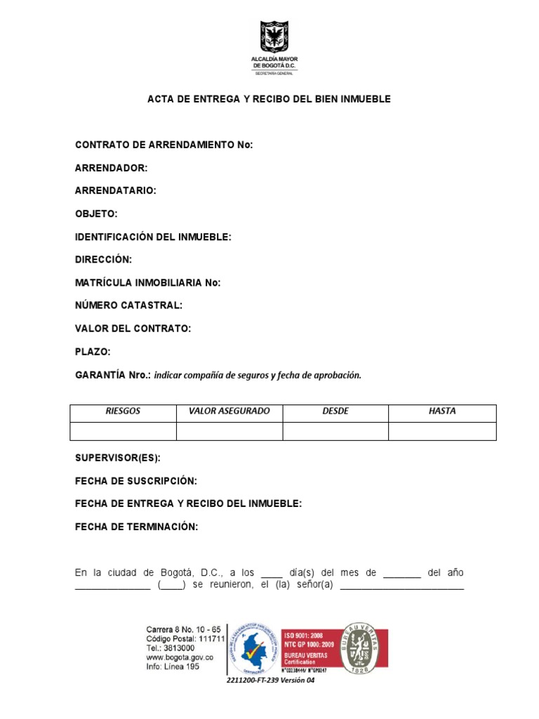 Acta de Entrega y Recibo Del Bien Inmueble | PDF