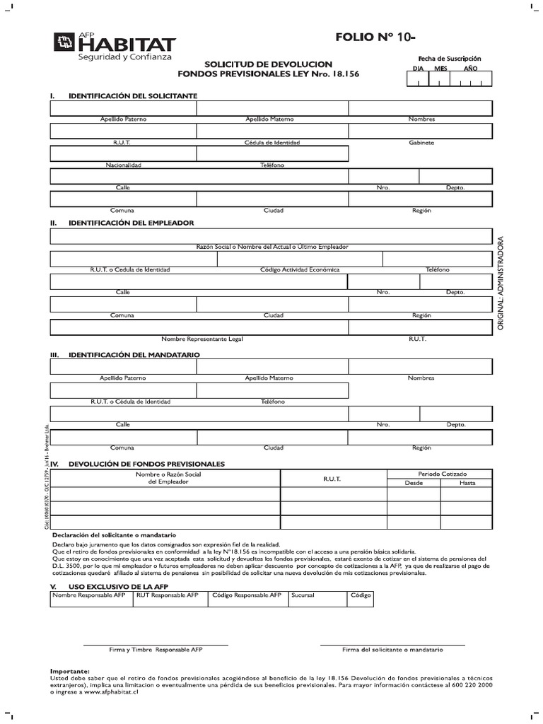 Ejemplo Formulario Solicitud de Devolución de Fondos Previsionales Ley 18.156 Immichile PDF | PDF