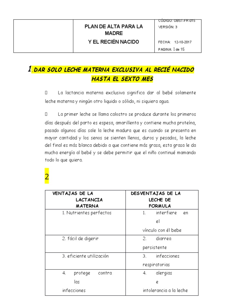 Plan de Alta Madre y Recien Nacido | Descargar gratis PDF | La leche materna | Pecho