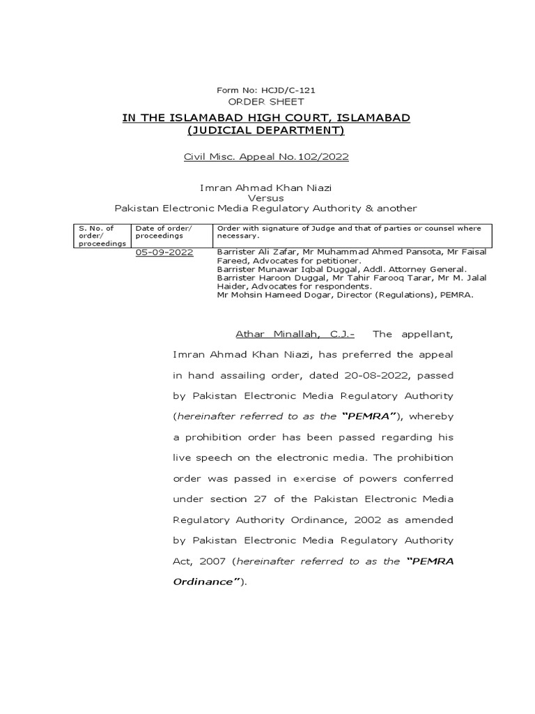 Imran Ahmed Khan Niazi V PEMRA CMA No 122 of 2022 637980772598389143 ...