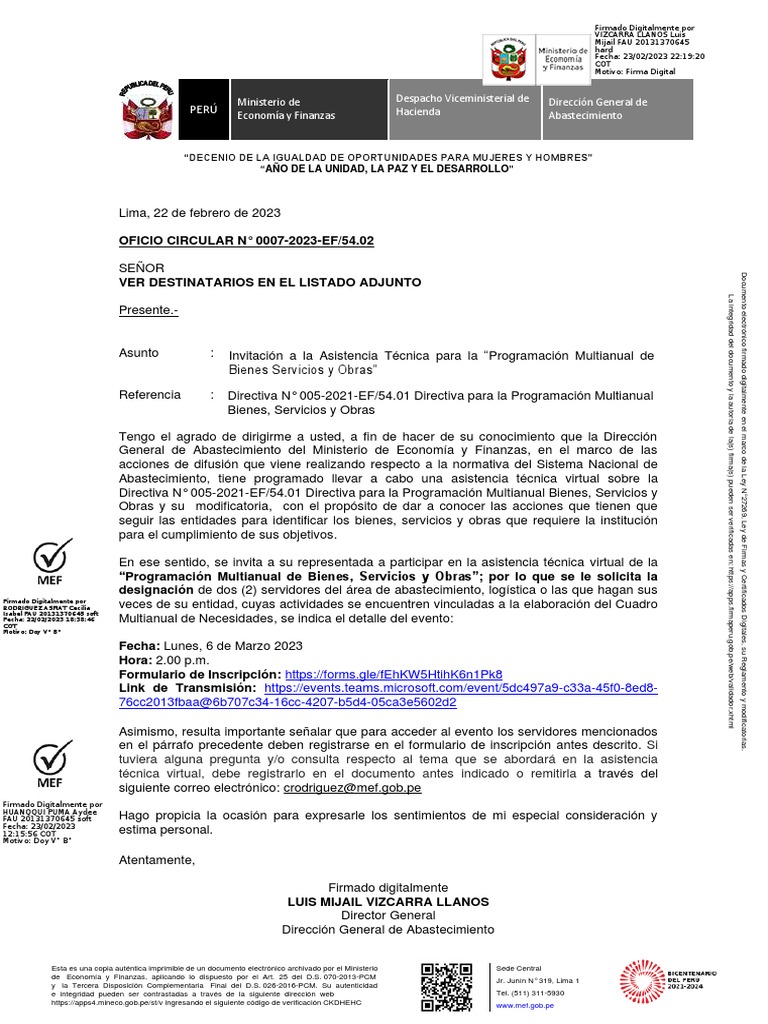 Oficio Circular N 0007 2023 Ef 54.02 Firmado | PDF Oficio Circular N 0007 2023 Ef 54.02 Firmado | PDF