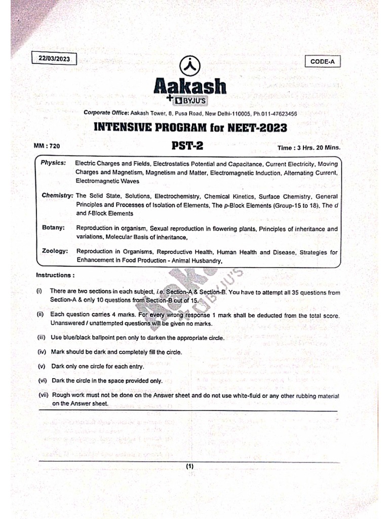 Aakash NEET Part Syllabus Test PST - 02 INTENSIVE | PDF
