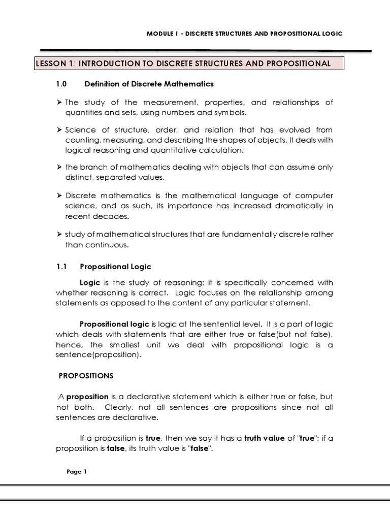 Lesson 1 Introduction To Discrete Structures and Propositional | PDF ...