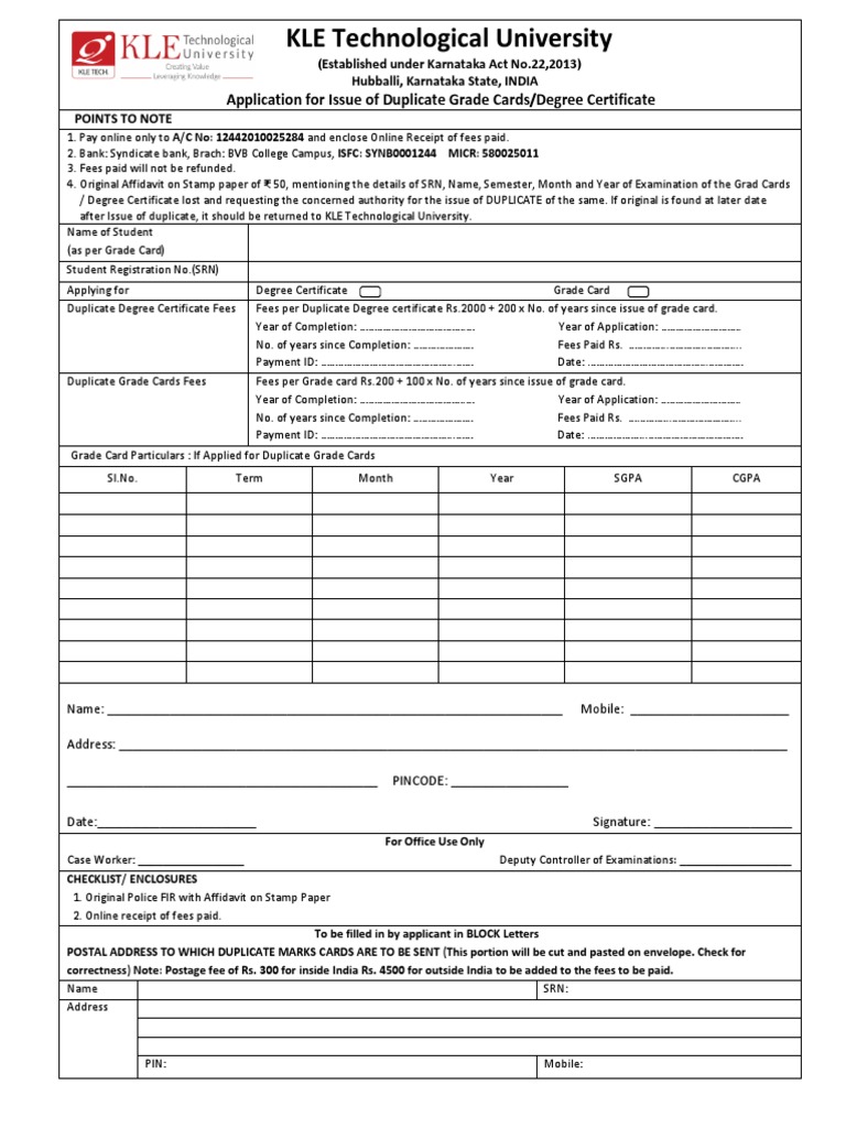 Application For Duplicate Grade Cards Degree Cert | PDF | Mail ...