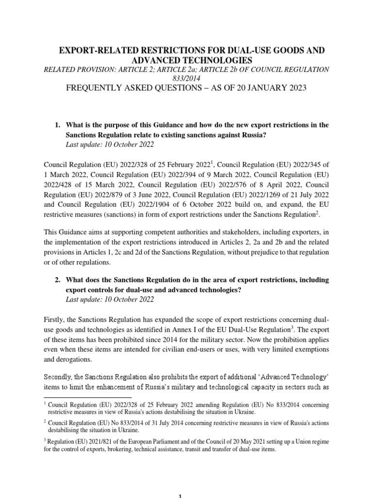 EU Sanctions on Dual-Use Exports to Russia | PDF | European Union | Customs