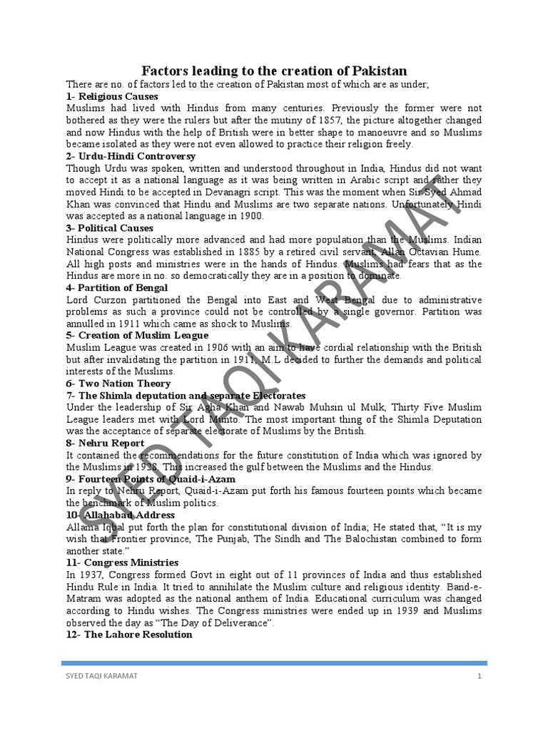 2 Factors Leading To The Creation of Pakistan | PDF | Pakistan Movement ...