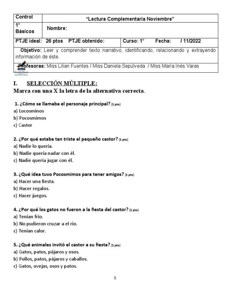 Prueba Lectura Complementaria - Nadie Quiere Jugar Conmigo | PDF