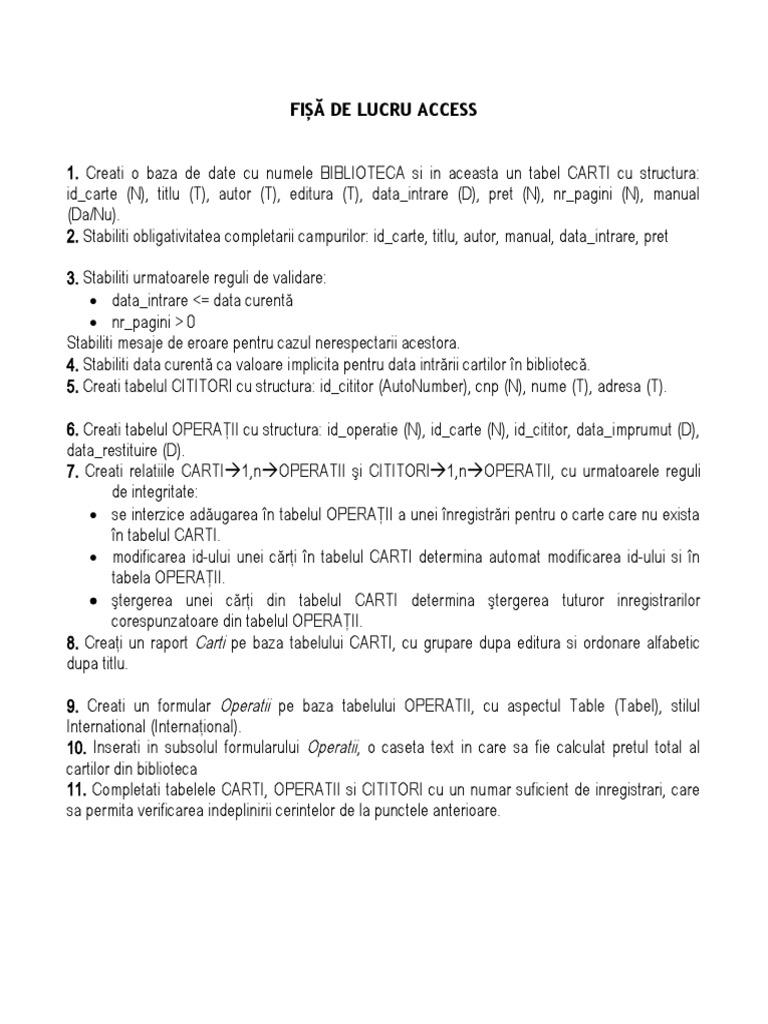 Fisa de Lucru Access | PDF