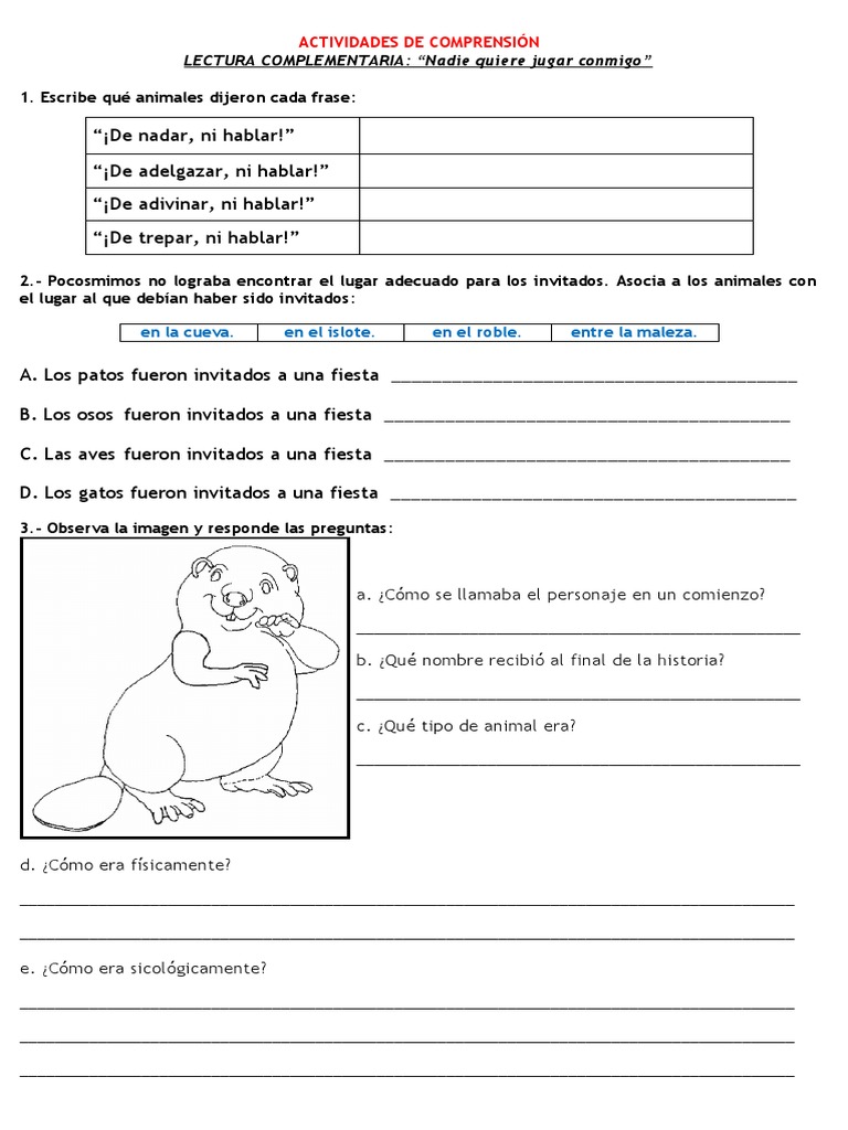 Actividades de comprensión lectura complementaria nadie quiere jugar | PDF