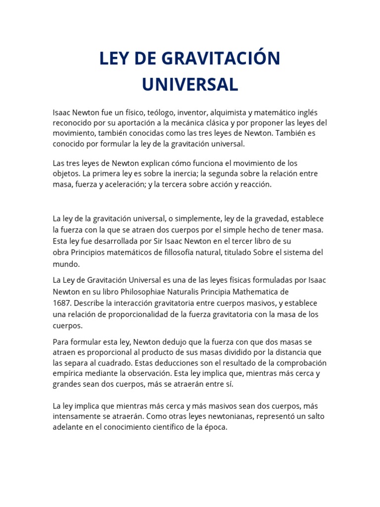 LEY DE GRAVITACIÓN UNIVERSAL | PDF | Gravedad | Ley de Newton de la ...