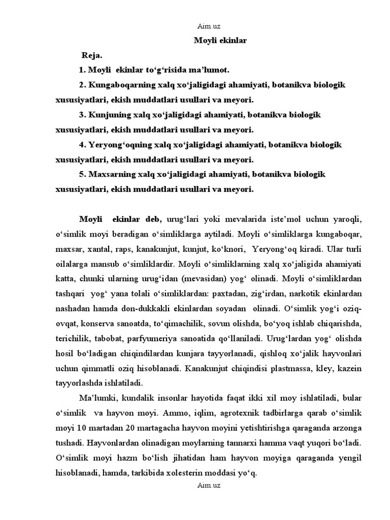 Moyli Ekinlar Reja Moyli Ekinlar To G Risida Ma lumot PDF