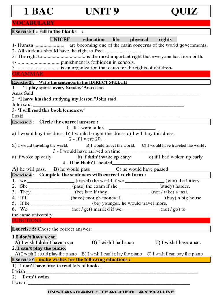 1BAC - UNIT 9 - Quiz - تصحيح PDF | PDF | Linguistics