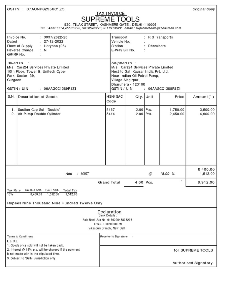Tax Invoice for Tools - Supreme Tools | PDF | Taxes | Government Finances