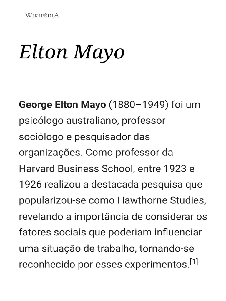 Elton Mayo - Wikipédia, A Enciclopédia Livre | PDF | Psicologia ...