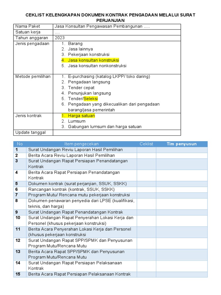 Ceklist Kelengkapan Dokumen Kontrak Surat Perjanjian Ranai 2023 | PDF