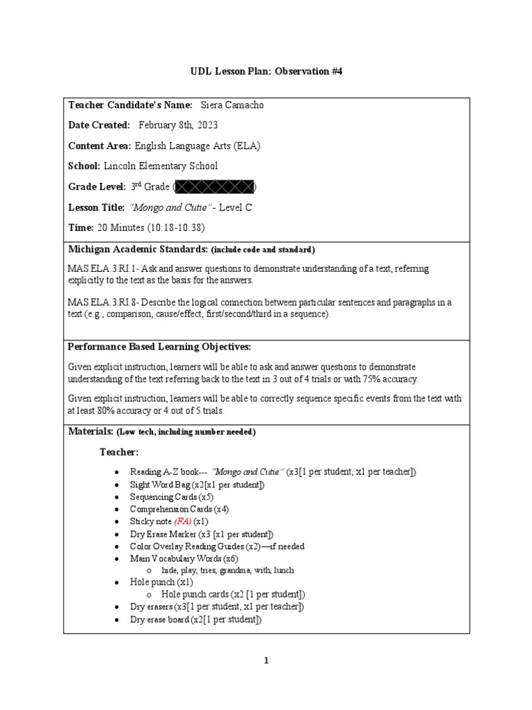 Observation 4 Ela Lesson | PDF | Nonverbal Communication | Books