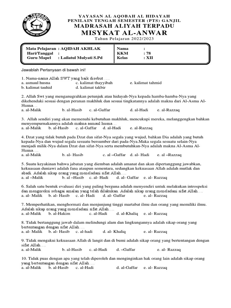 SOAL PAS GANJIL Aqidah Akhlak KLS 12 | PDF