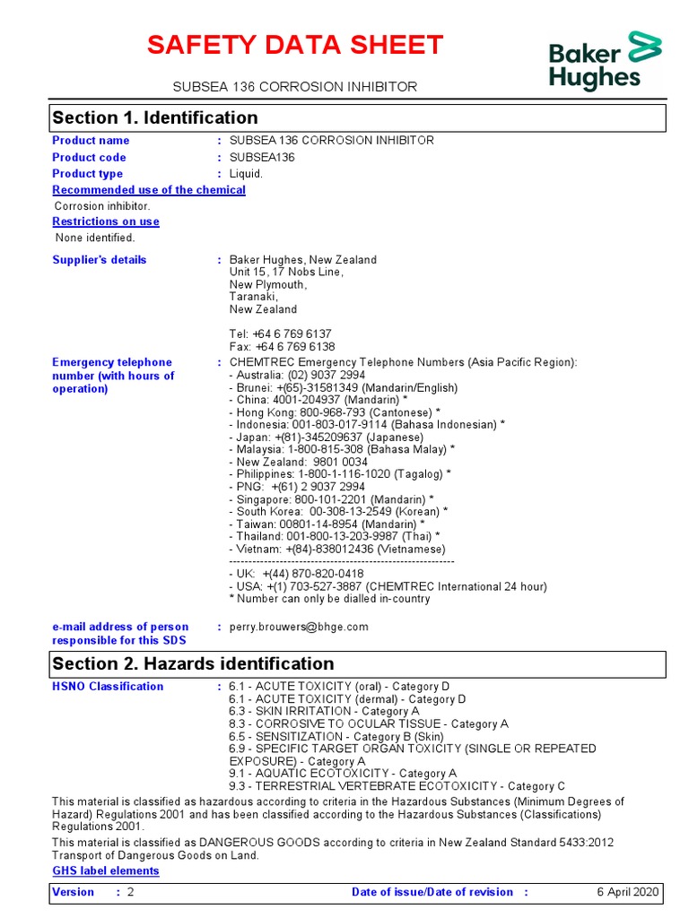 4b. Baker Hughes SUBSEA 136 SDS | PDF | Toxicity | Dangerous Goods 4b. Baker Hughes SUBSEA 136 SDS | PDF | Toxicity | Dangerous Goods