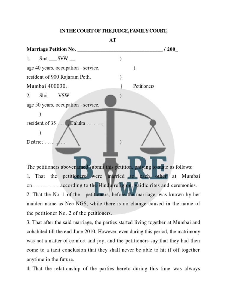 Petition For Divorce by Mutual Consent Us 13 B of The Hindu Marriage ...