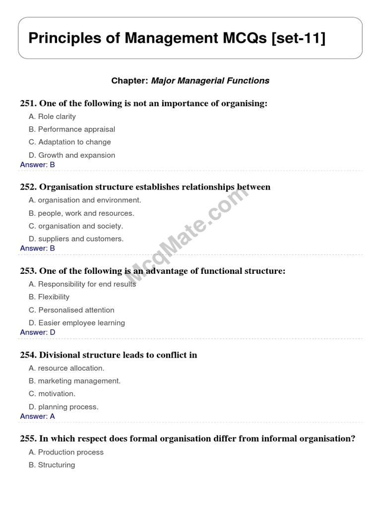 Principles of Management Solved MCQs (Set-11) PDF | PDF