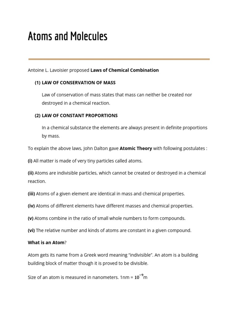 Notes Science Atoms&Molecules | PDF | Molecules | Ion