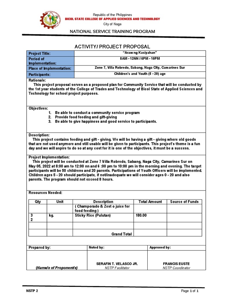 Activity Proposal Form For NSTP | PDF