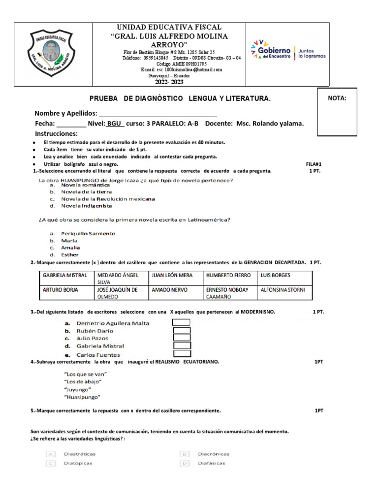 Prueba Diagnóstica Lengua y Literatura BGU | PDF