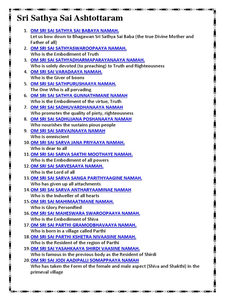 2018 Balvikas Handouts Sri Sathya Sai Ashtottaram Meaning | PDF ...