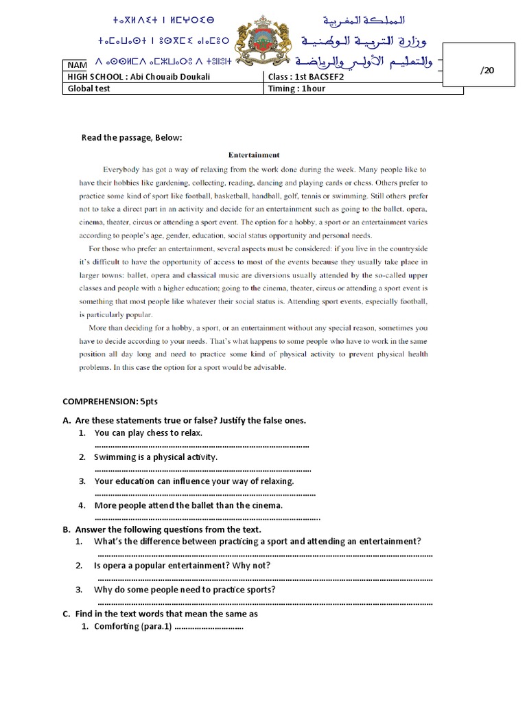 1st Bac Global Tesrt Pdf Language Mechanics Grammar