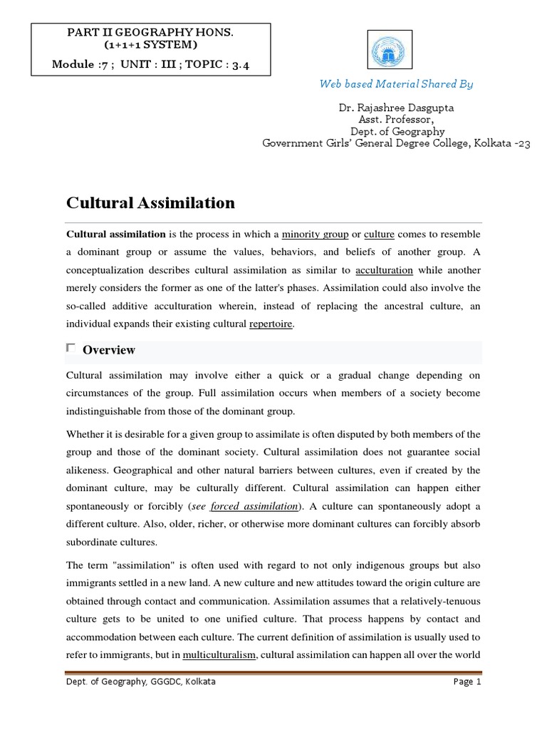 Part2 Hons Geog Module7 UnitIII TOPIC3-4 Cultural Assimilation | PDF ...