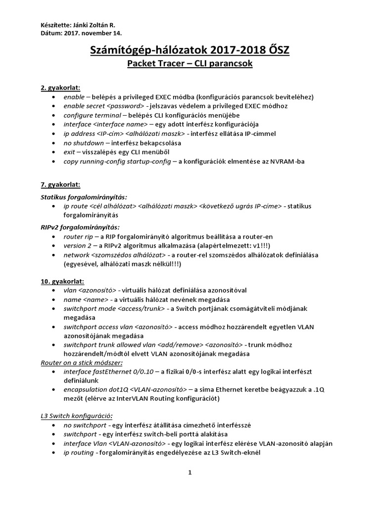 Packet Tracer Cli Parancsok Cli Commands Pdf