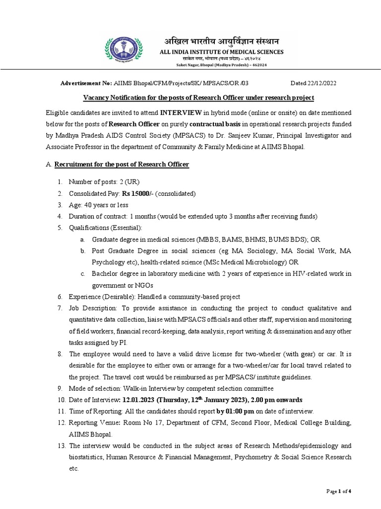 Advertisement No: AIIMS Bhopal/CFM/Projects/SK/ MPSACS/OR /03 Dated 22 ...