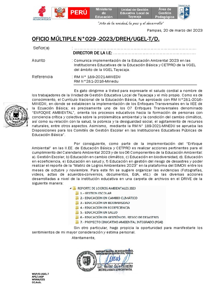 Oficio Multiple #029 - Enfoque Ambiental 2023 PDF | PDF | Educación primaria | Entorno natural