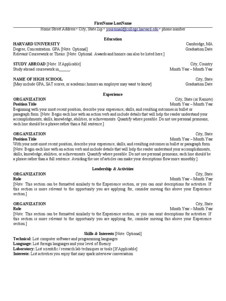 Modelo de CV Resume Segun Harvard | PDF | Cognition