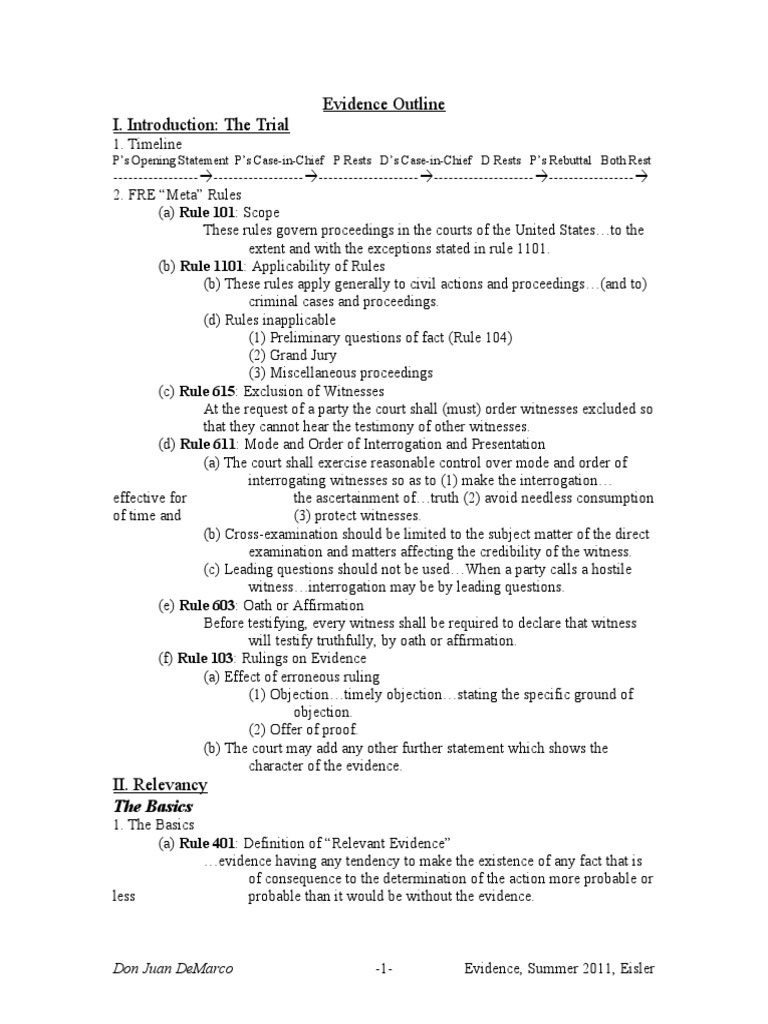 Evidence Outline-Eisler | PDF | Relevance (Law) | Witness