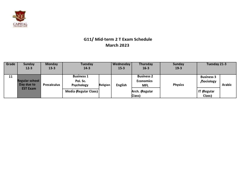 G11 Amended Mid - T2 Exam Schedule PDF | PDF