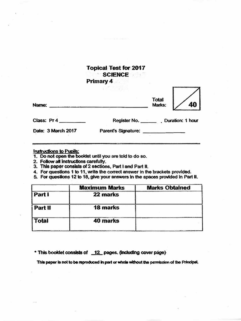 P4 Science CA1 2017 Rosyth Exam Papers PDF | PDF | Seedling | Seed