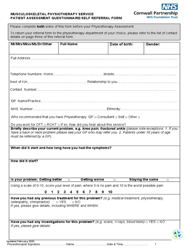 MSK Patient Assessment Questionnaire Self Referral Form 07.02.2020 ...