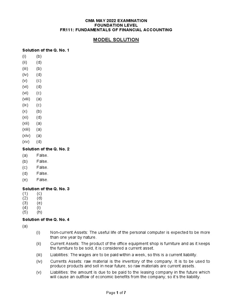 CMA MAY 2022 EXAMINATION FR111 FUNDAMENTALS OF FINANCIAL ACCOUNTING MODEL SOLUTION | PDF ...