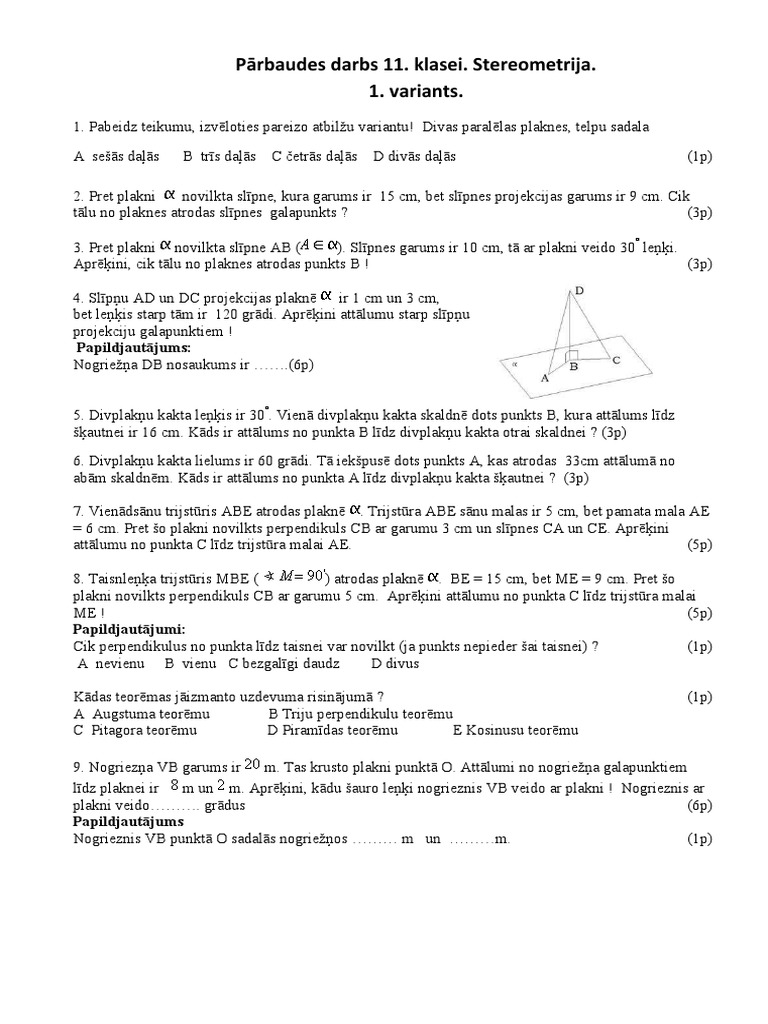 Pārbaudes Darbs 11. Klasei. Stereometrija. 1. Variants ...