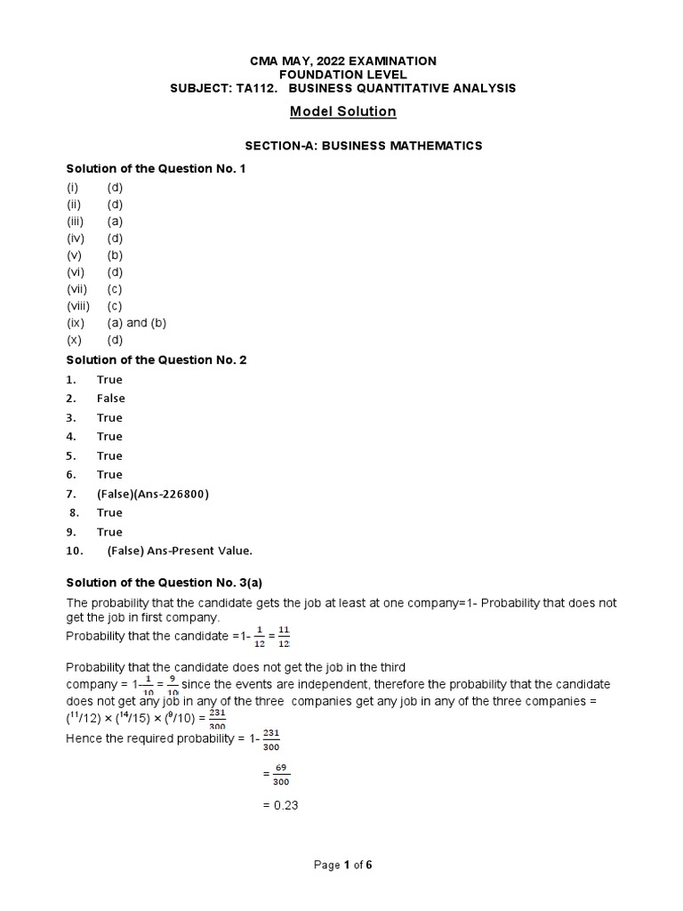 TA112.BQA F.L Solution CMA May 2022 Examination PDF | PDF | Net Present Value | Logarithm