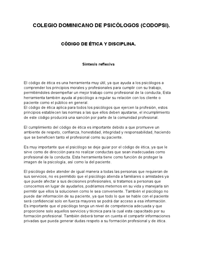 Colegio Dominicano de Psicólogos (Codopsi) .: Código de Ética Y ...