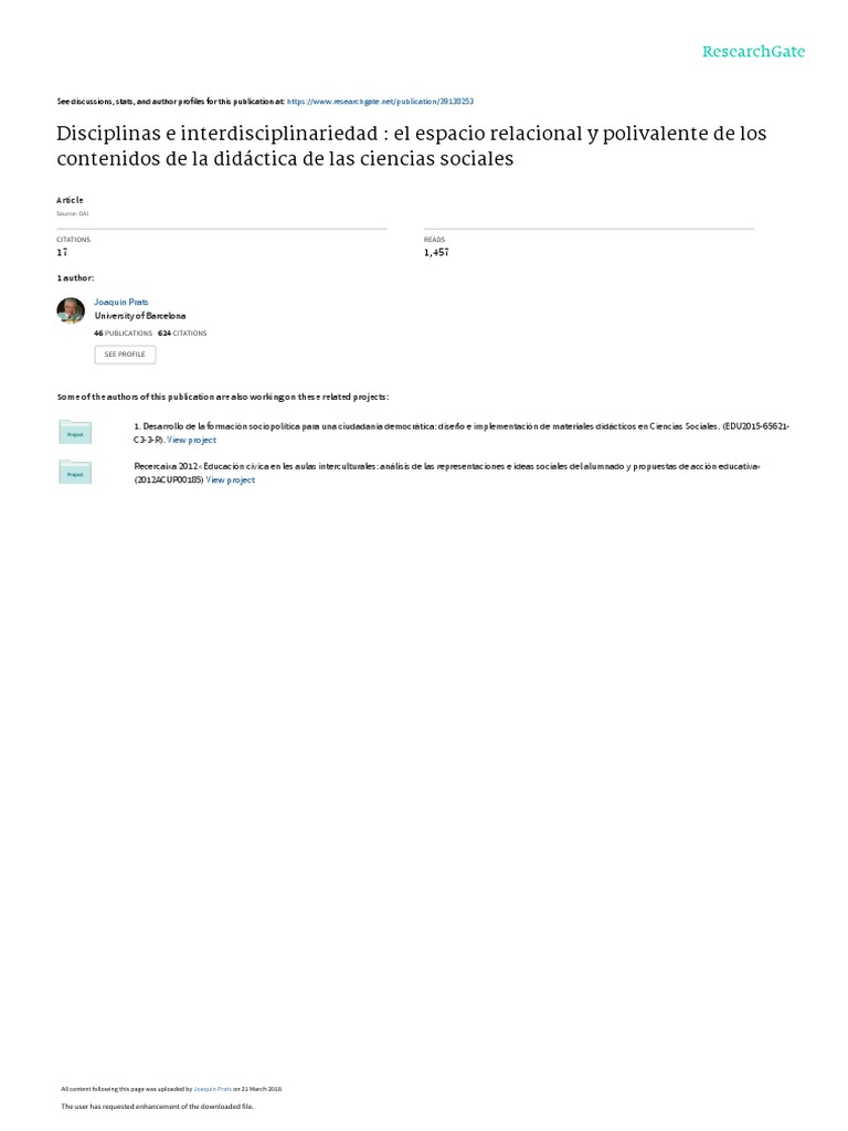 Disciplinas e Interdisciplinariedad: El Espacio Relacional y Polivalente de Los Contenidos de La ...