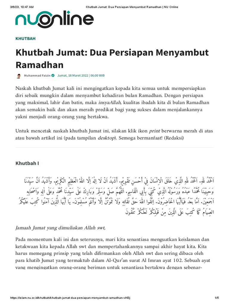 Khutbah Jumat - Dua Persiapan Menyambut Ramadhan - NU Online | PDF ...