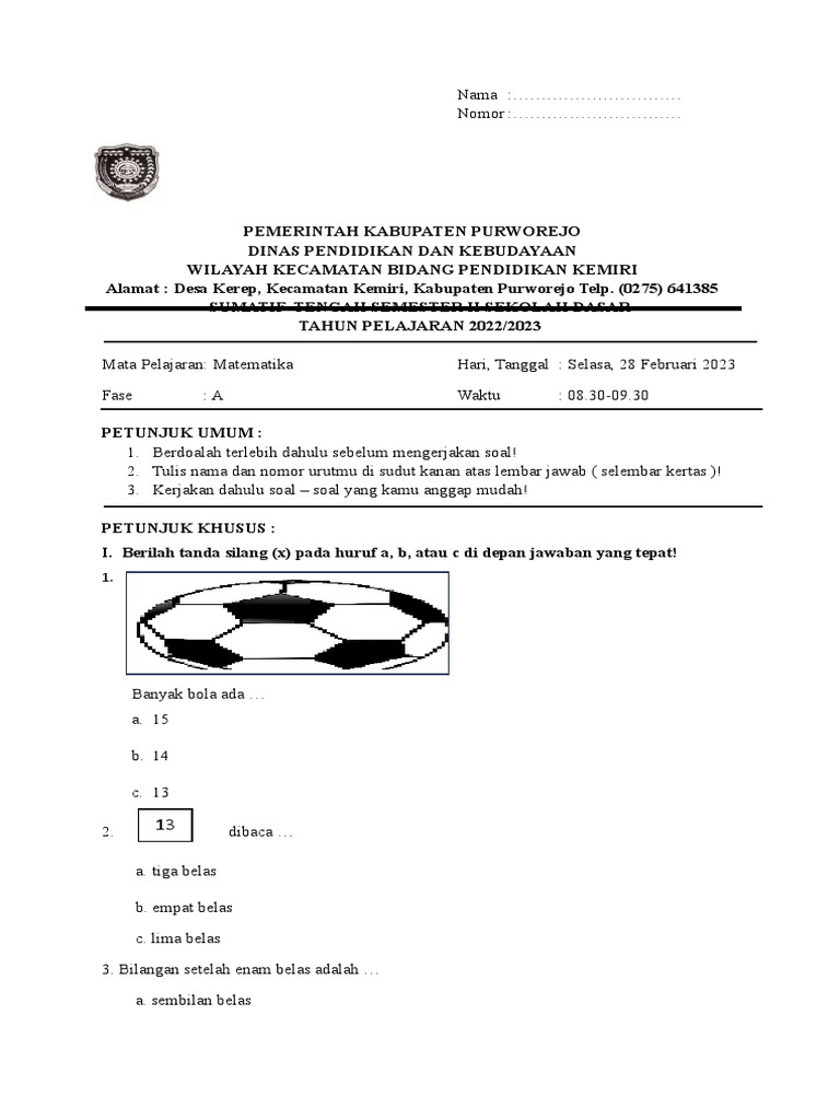 Soal Sumatif SMTR 2 MTK Kls 1 2022 | PDF
