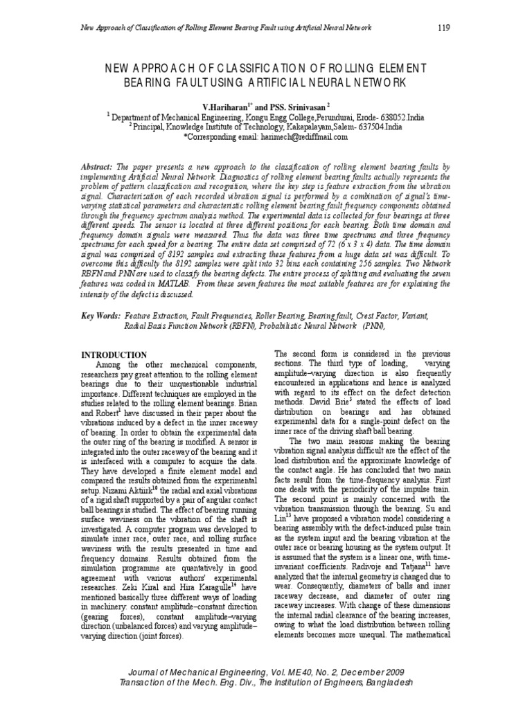 New Approach of Classification of Rolling Element Bearing Fault Using Artificial Neural Network ...