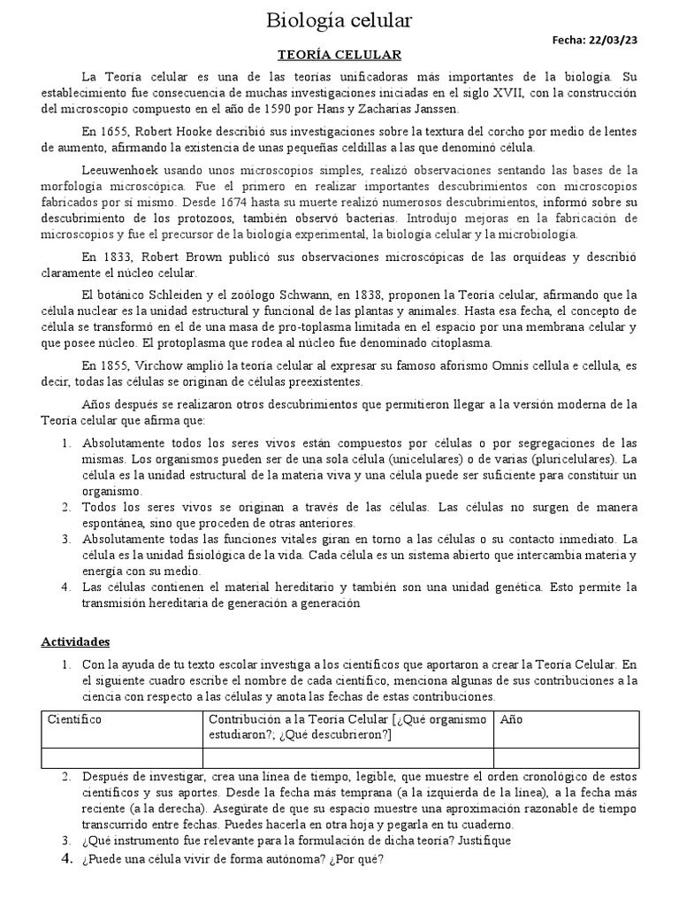 Teoría Celular | PDF | Biología Celular) | Microscopio