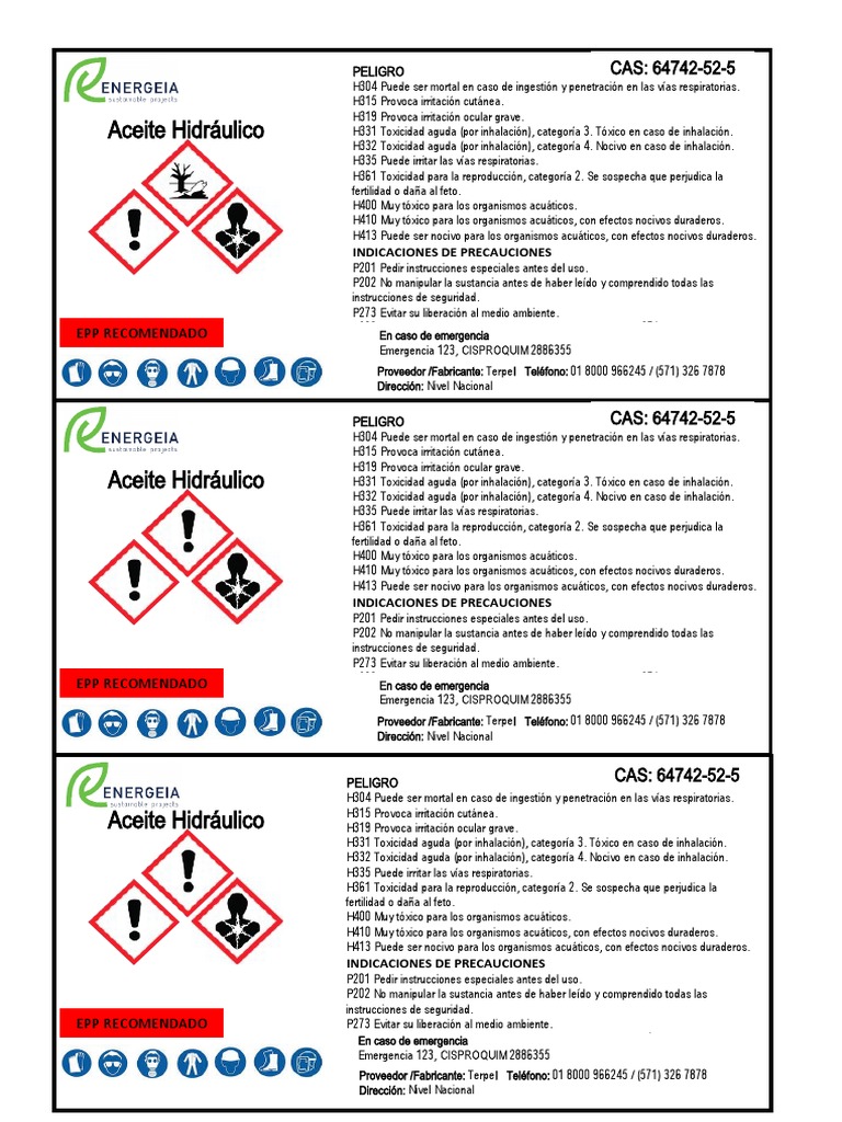 Etiqueta Aceite Hidráulico | PDF | Toxicidad | Seguridad y salud ...
