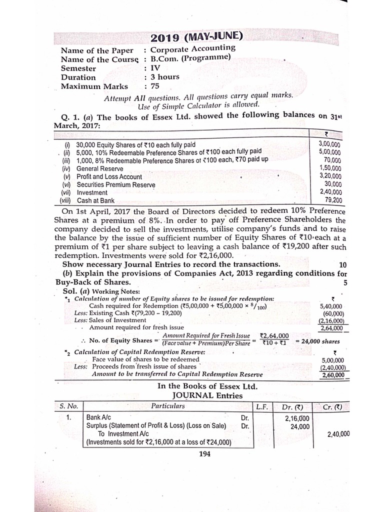 Delhi University Corporate Accounting 2019 Question Paper Solved Pdf